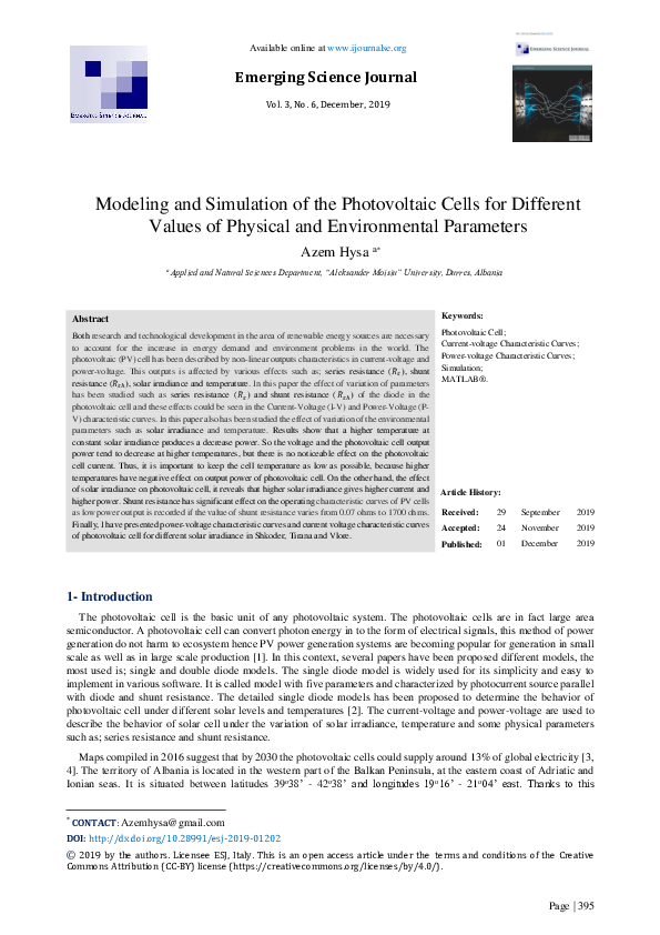 (PDF) Modeling and Simulation of the Photovoltaic Cells for Different Values of Physical and ...