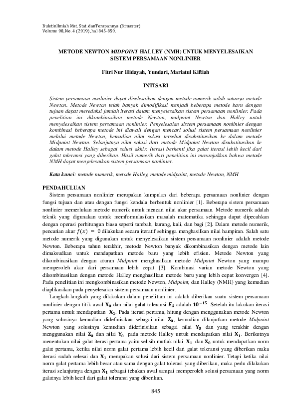 (PDF) Metode Newton Midpoint Halley (NMH) Untuk Menyelesaikan Sistem Persamaan Nonlinier