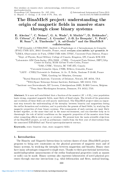 (PDF) The BinaMIcS project: understanding the origin of magnetic fields in massive stars through ...