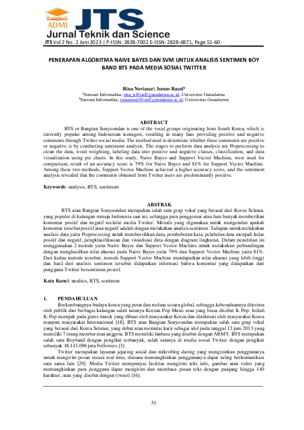 (PDF) Penerapan Algoritma Naive Bayes Dan SVM Untuk Analisis Sentimen Boy Band BTS Pada Media ...