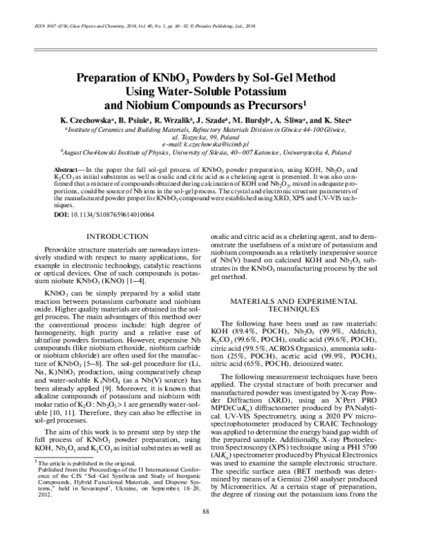 (PDF) Preparation of KNbO3 powders by sol-gel method using water-soluble potassium and niobium ...
