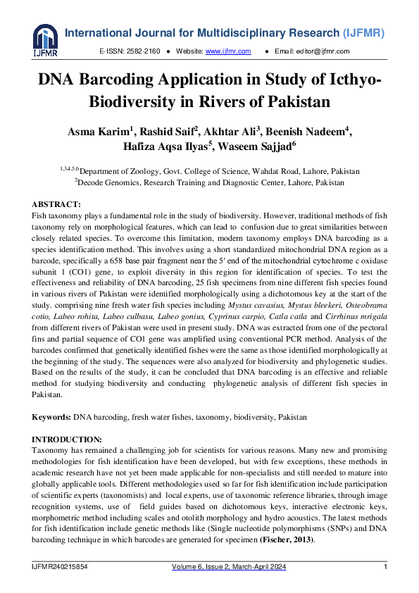 (PDF) DNA Barcoding Application in Study of Icthyo-Biodiversity in Rivers of Pakistan