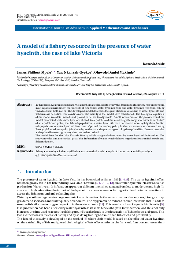(PDF) A model of a fishery resource in the presence of water hyacinth ...