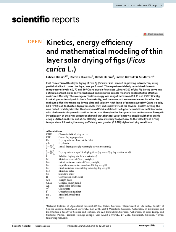 (PDF) Kinetics, energy efficiency and mathematical modeling of thin layer solar drying of figs ...
