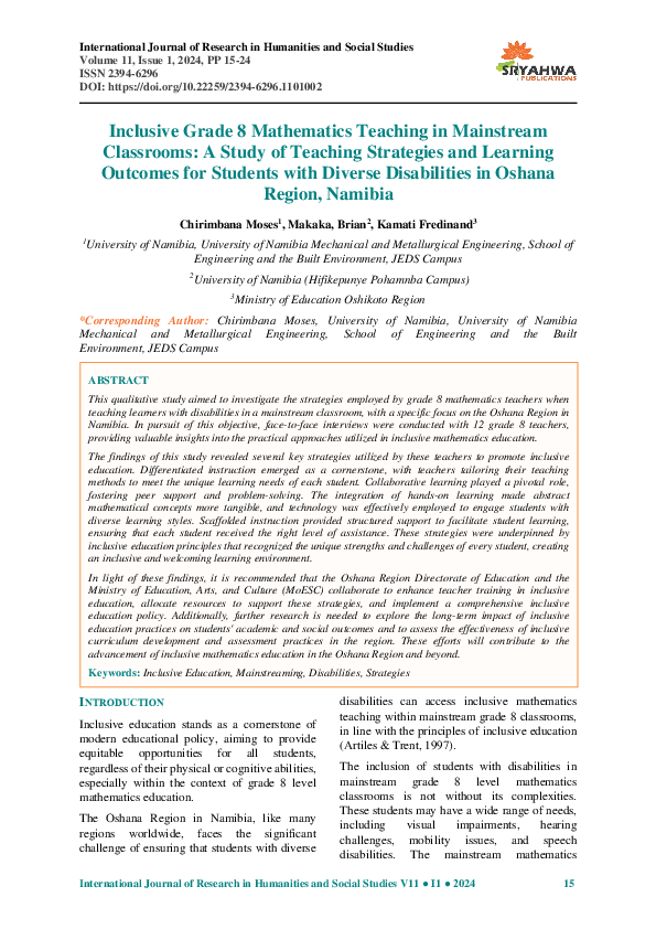 (PDF) Inclusive Grade 8 Mathematics Teaching in Mainstream Classrooms ...