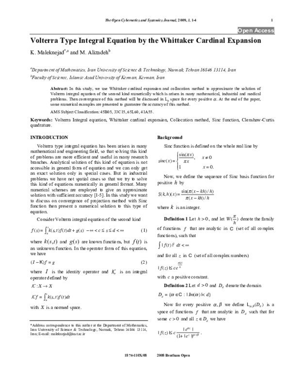 (PDF) Volterra Type Integral Equation by the Whittaker Cardinal Expansion