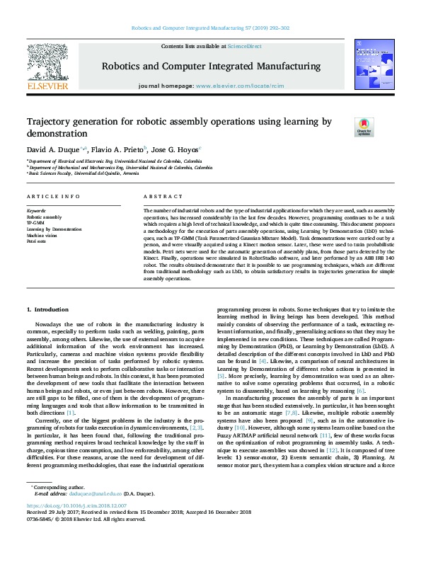 (PDF) Trajectory generation for robotic assembly operations using ...