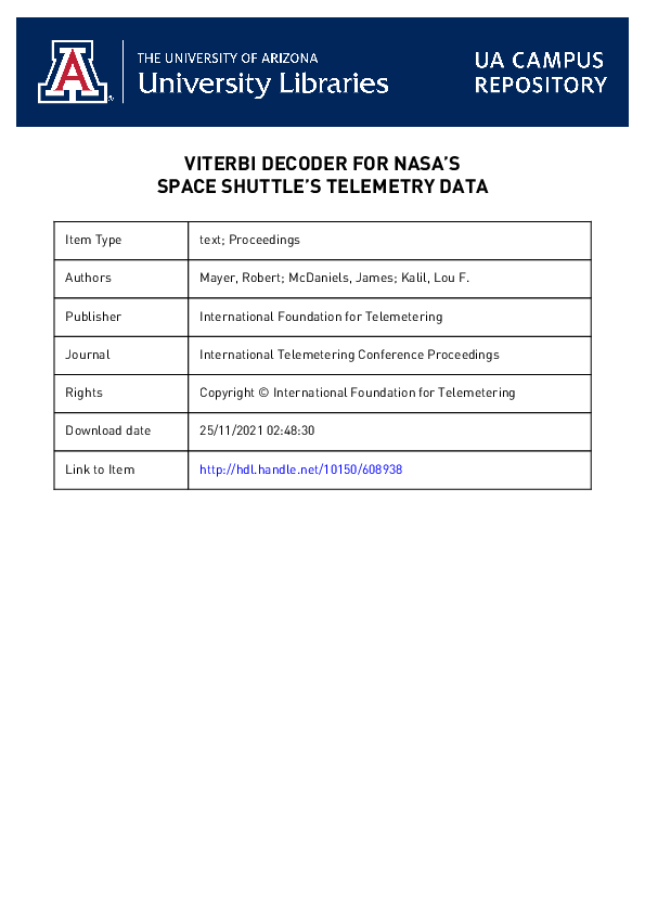 (PDF) Viterbi Decoder for Nasa’s Space Shuttle’s Telemetry Data