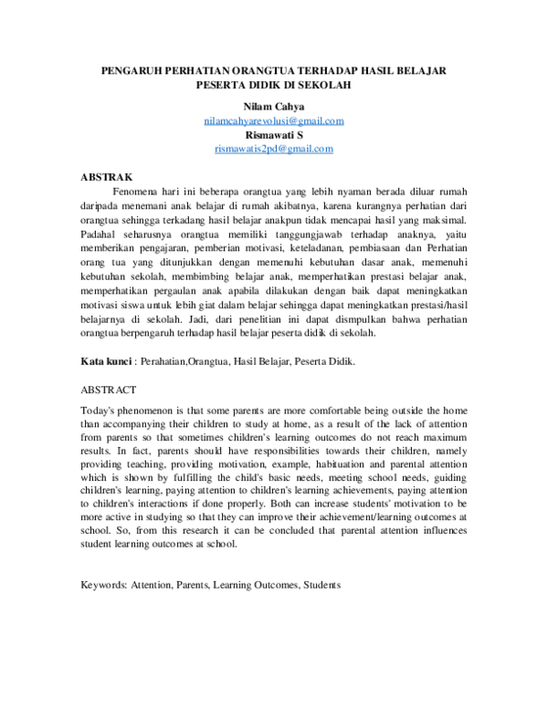 (PDF) PENGARUH PERHATIAN ORANGTUA TERHADAP HASIL BELAJAR PESERTA DIDIK DI SEKOLAH