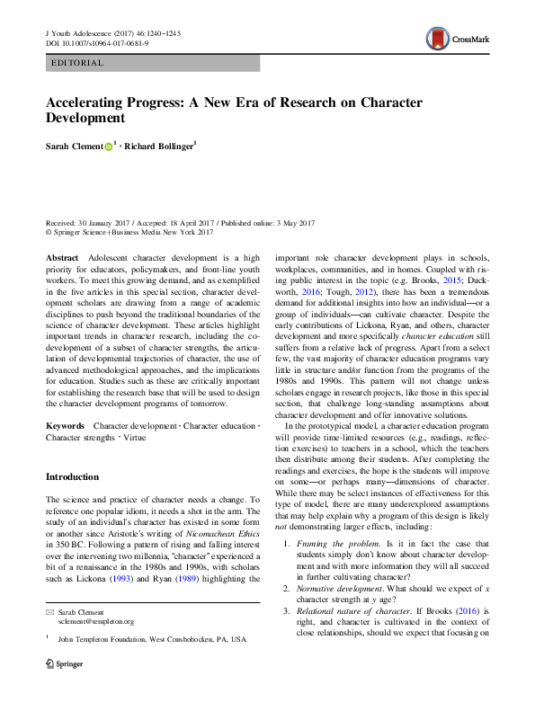 (PDF) Accelerating Progress: A New Era of Research on Character Development
