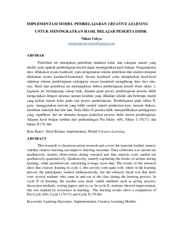 (PDF) IMPLEMENTASI MODEL PEMBELAJARAN CREATIVE LEARNING UNTUK MENINGKATKAN HASIL BELAJAR PESERTA ...