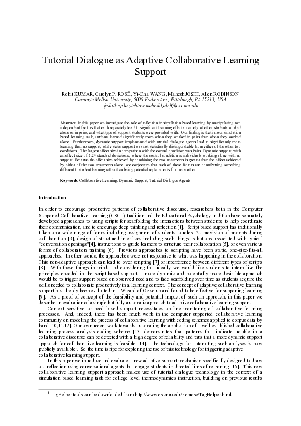 (PDF) Tutorial Dialogue As Adaptive Collaborative Learning Support