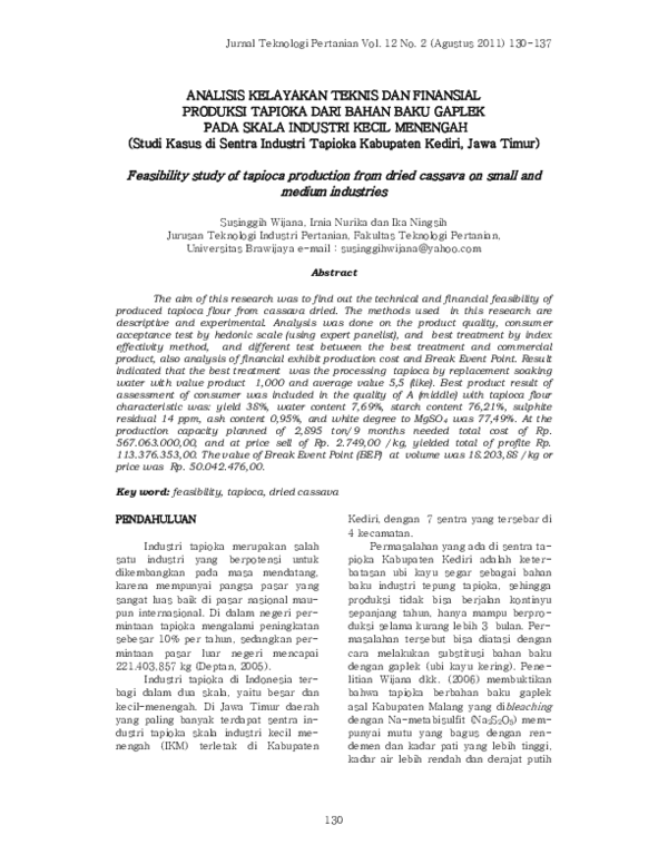 (PDF) Feasibility study of tapioca production from dried cassava on small and medium industries