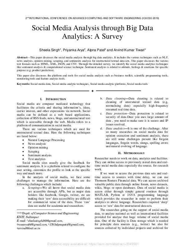 (PDF) Social Media Analysis through Big Data Analytics: A Survey