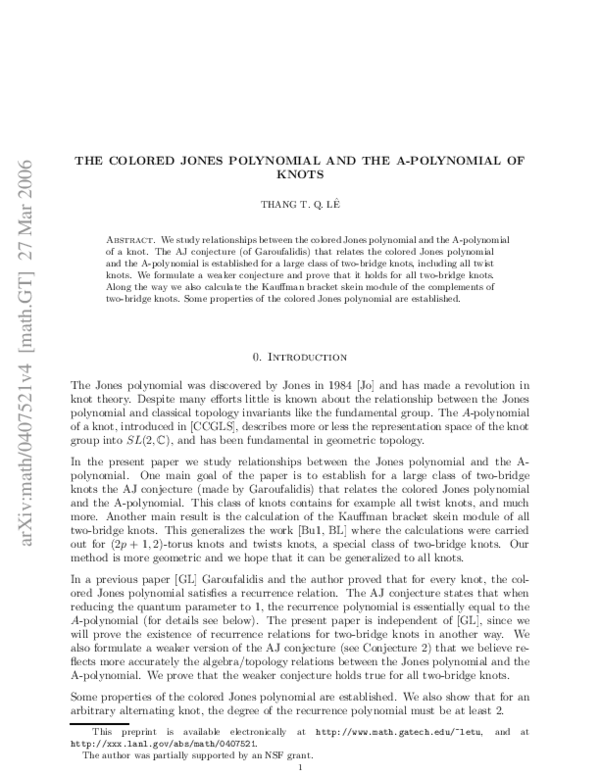 (PDF) The Colored Jones Polynomial and the A-Polynomial of Two-Bridge Knots
