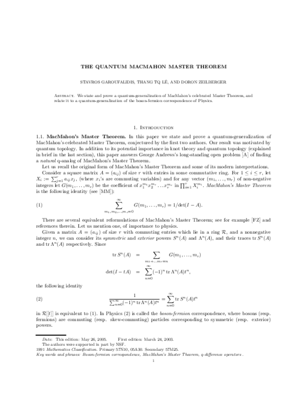 (PDF) The quantum MacMahon Master Theorem | Thang Le - Academia.edu