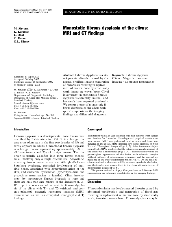(PDF) Monostotic fibrous dysplasia of the clivus: MRI and CT findings