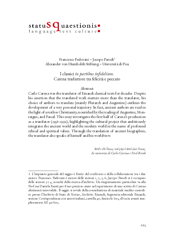 (PDF) I classici in partibus infidelium. Carena traduttore tra felicità ...