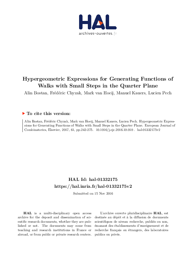 (PDF) Hypergeometric expressions for generating functions of walks with ...