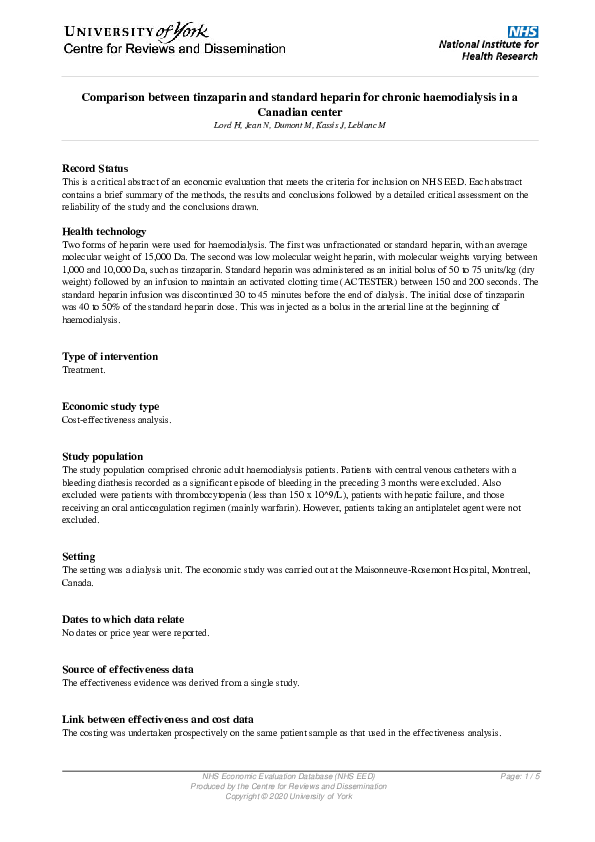 (PDF) Comparison between Tinzaparin and Standard Heparin for Chronic ...