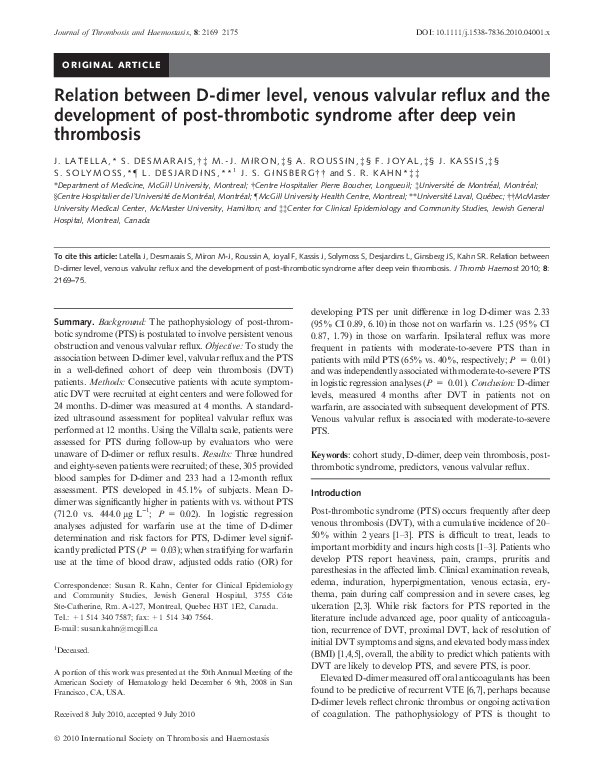 (PDF) Relation between D-dimer level, venous valvular reflux and the ...