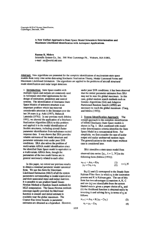 (PDF) A New Unified Approach to State Space Model Strucuture Determination and Maximum ...