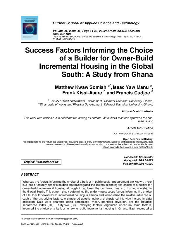 (PDF) Success Factors Informing the Choice of a Builder for Owner-Build ...