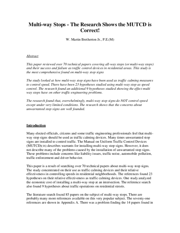 (PDF) Multi-way Stops - The Research Shows the MUTCD is Correct! Paper ...