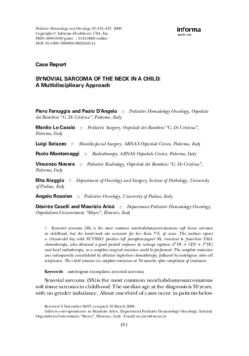(PDF) SYNOVIAL SARCOMA OF THE NECK IN A CHILD: A Multidisciplinary Approach