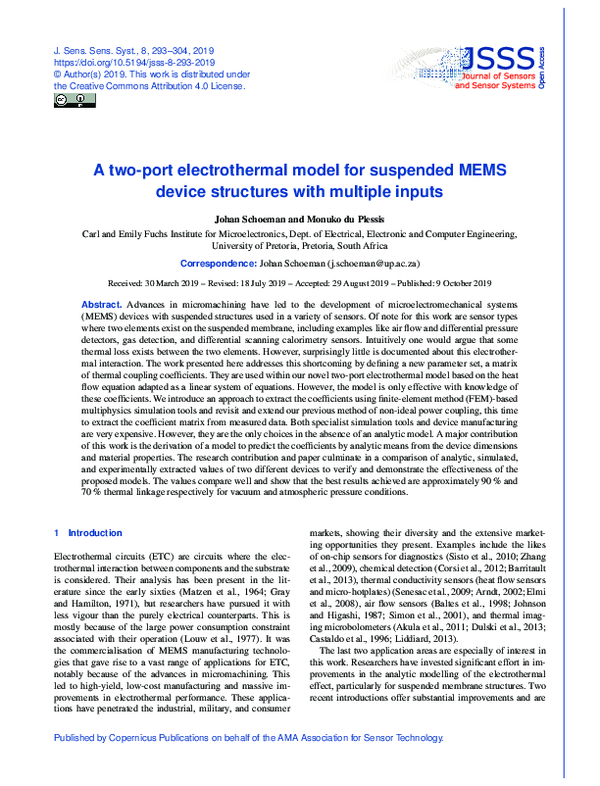 (PDF) A two-port electrothermal model for suspended MEMS device structures with multiple inputs ...
