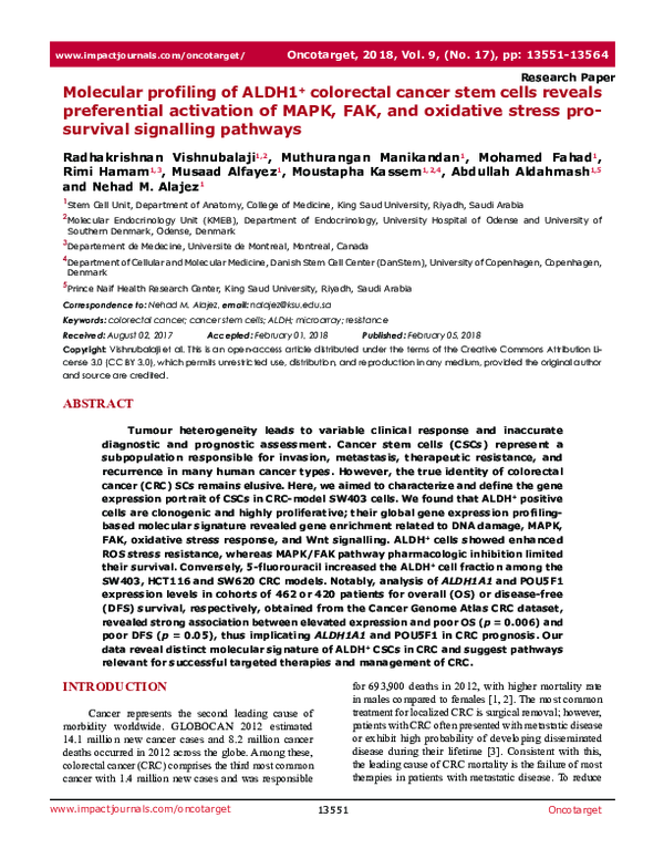 (PDF) Molecular profiling of ALDH1+ colorectal cancer stem cells ...