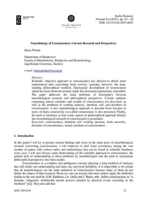 (PDF) Neurobiology of Consciousness: Current Research and Perspectives