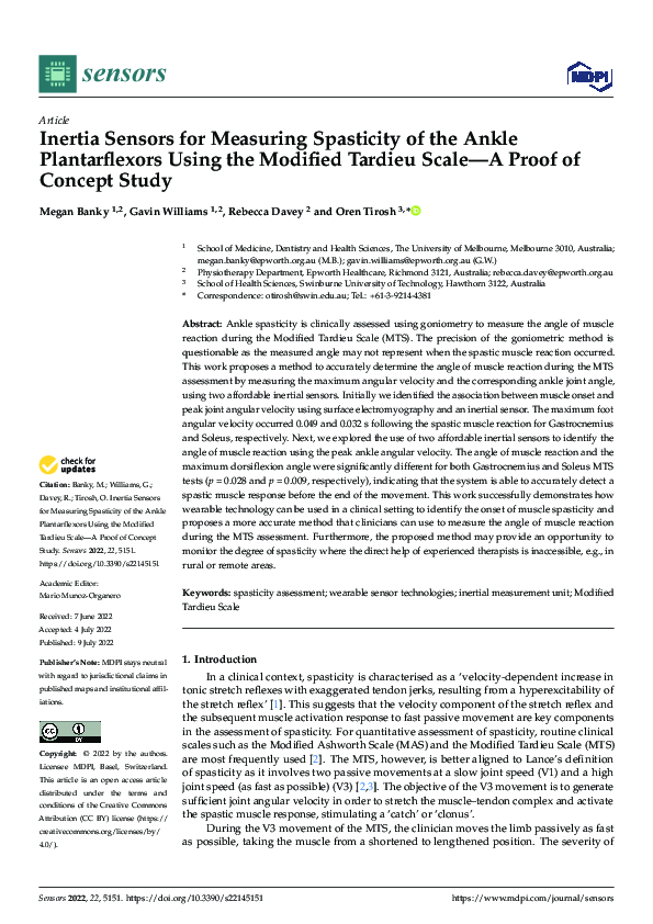 (PDF) Inertia Sensors for Measuring Spasticity of the Ankle Plantarflexors Using the Modified ...