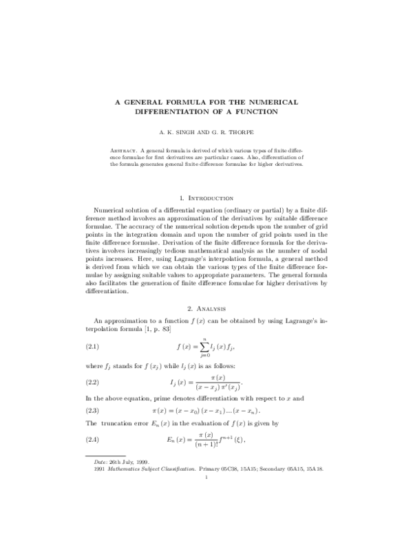 (PDF) A General Formula for the Numerical Differentiation of a Function