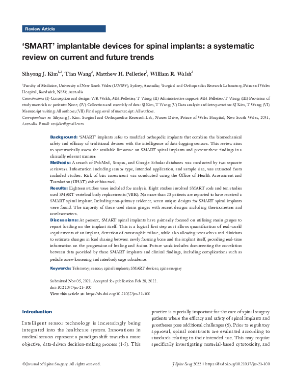 (PDF) ‘SMART’ implantable devices for spinal implants: a systematic review on current and future ...
