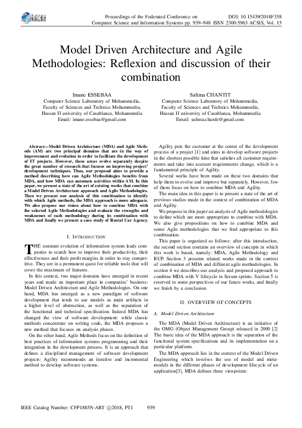 (PDF) Model Driven Architecture and Agile Methodologies: Reflexion and discussion of their ...