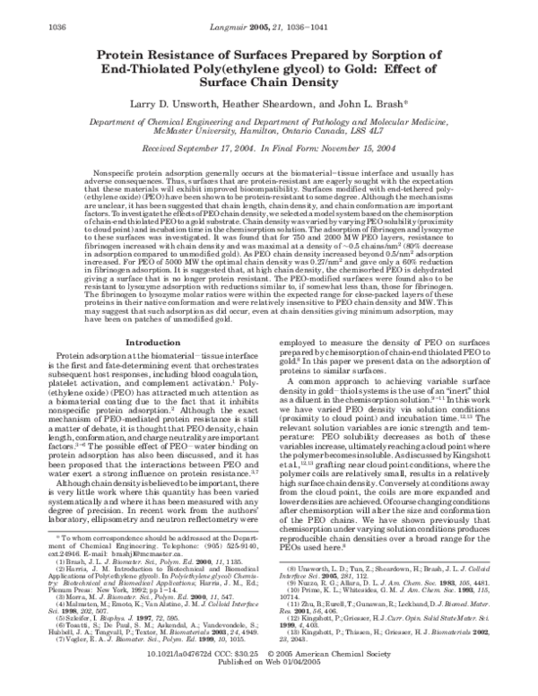 (PDF) Protein Resistance of Surfaces Prepared by Sorption of End ...
