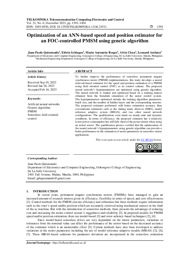 (PDF) Optimization of an ANN-based speed and position estimator for an FOC-controlled PMSM using ...