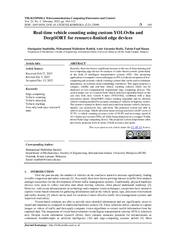 (PDF) Real-time vehicle counting using custom YOLOv8n and DeepSORT for resource-limited edge devices