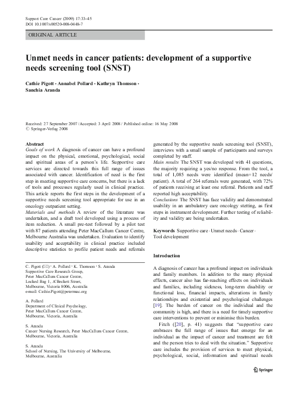 (PDF) Unmet needs in cancer patients: development of a supportive needs screening tool (SNST ...