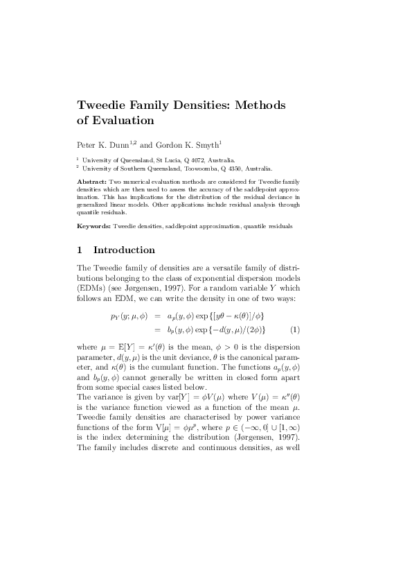 (PDF) Tweedie family densities: methods of evaluation