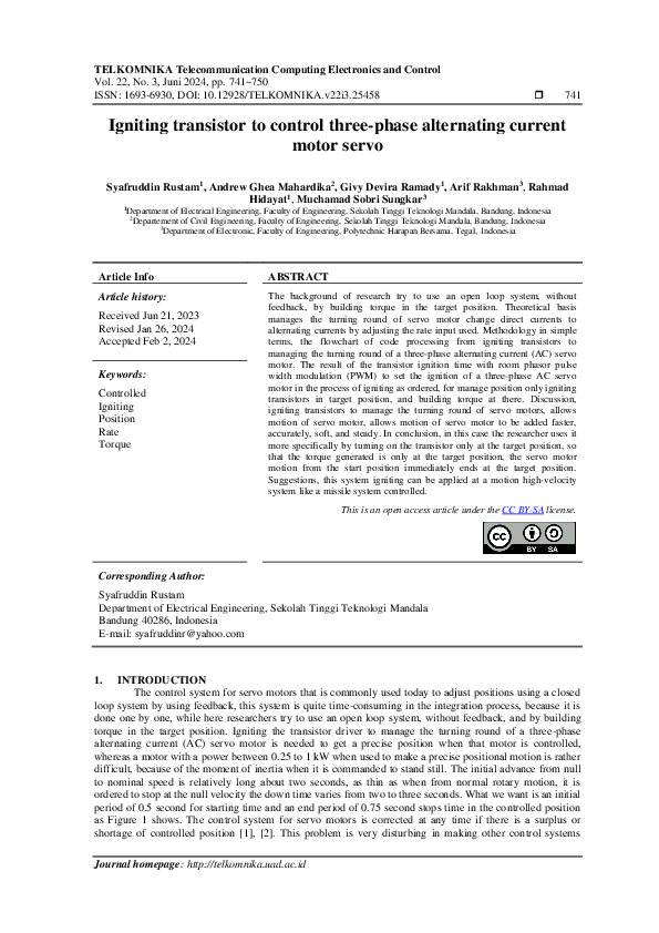 (PDF) Igniting transistor to control three-phase alternating current motor servo | TELKOMNIKA ...