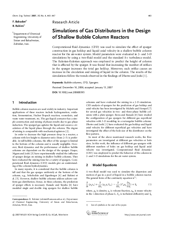 (PDF) Simulations of Gas Distributors in the Design of Shallow Bubble Column Reactors