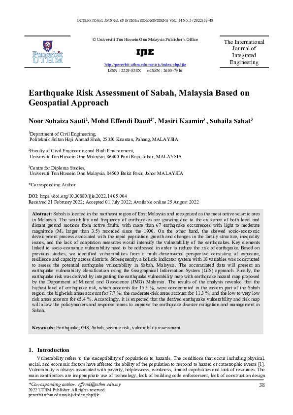 (PDF) Earthquake Risk Assessment of Sabah, Malaysia Based on Geospatial Approach