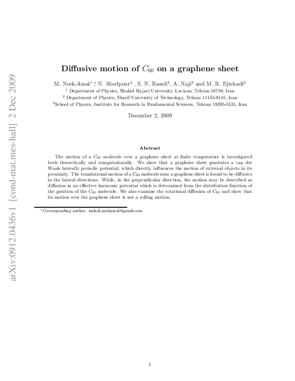 (PDF) Diffusive motion ofC60on a graphene sheet
