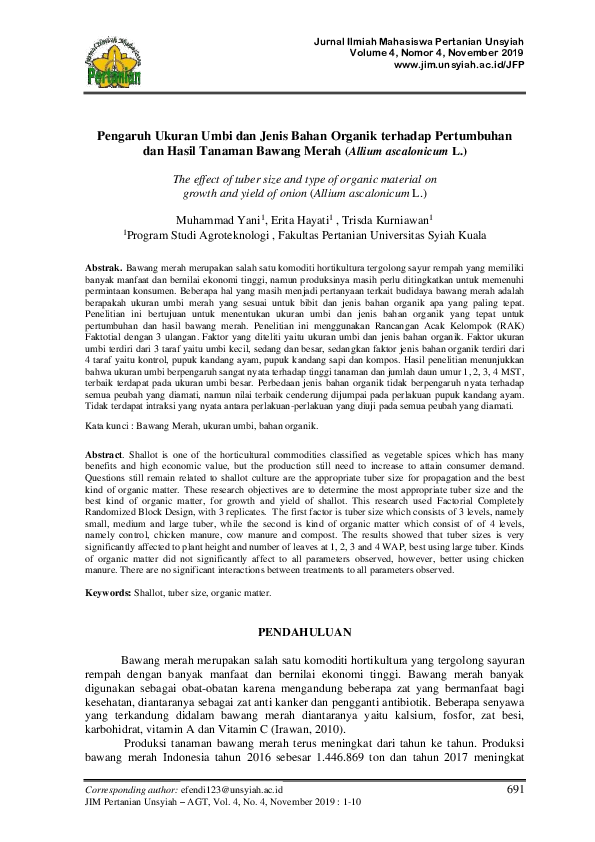 (PDF) Pengaruh Ukuran Umbi dan Jenis Bahan Organik Terhadap Pertumbuhan dan Hasil Tanaman Bawang ...