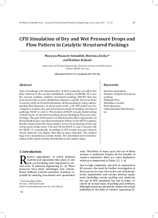 (PDF) CFD Simulation of Dry and Wet Pressure Drops and Flow Pattern in Catalytic Structured Packings