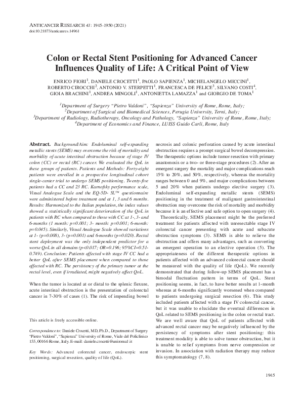 (PDF) Impact of Stent Positioning on QoL in Advanced Colorectal Cancer