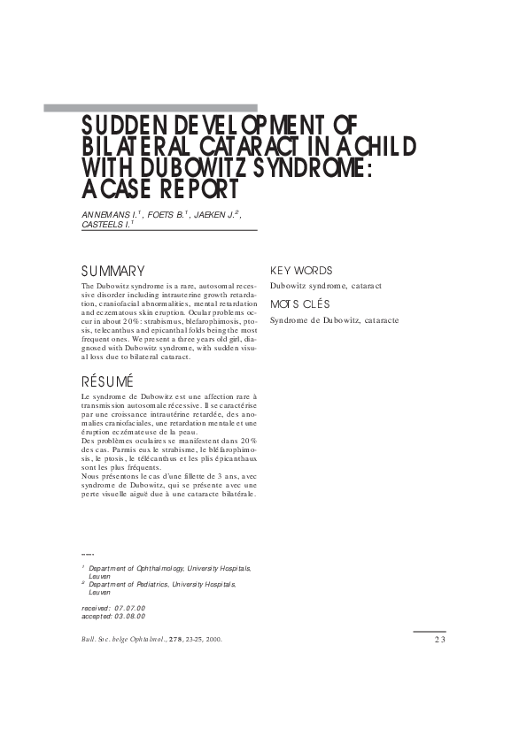 (PDF) Sudden development of bilateral cataract in a child with Dubowitz ...
