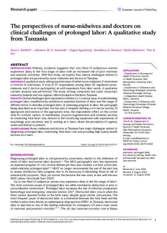 (PDF) The perspectives of nurse-midwives and doctors on clinical challenges of prolonged labor ...